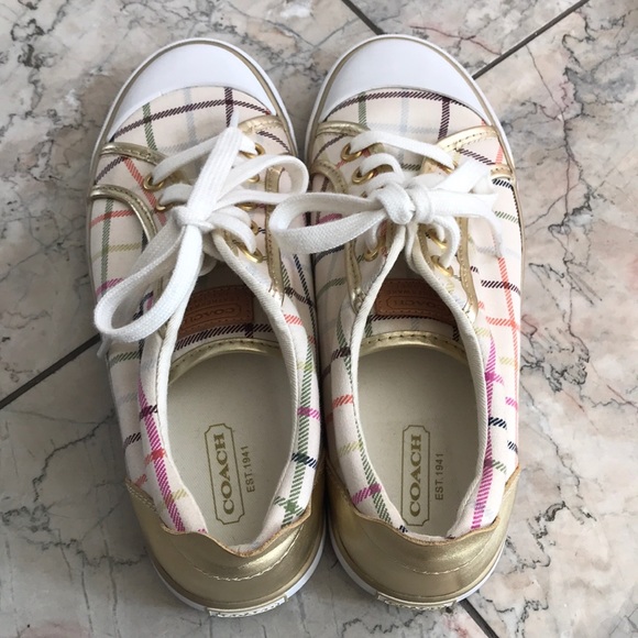 Coach | Shoes | Coach Signature Barrette Sneakers Plaid Gold Tan | Poshmark